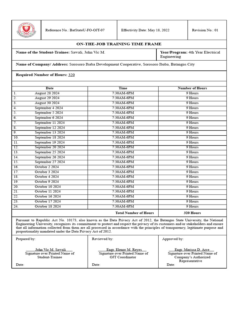 BatStateU-FO-OJT-07 - On-The-Job Training Time Frame - Rev. 01 | PDF | Digital Rights | Data