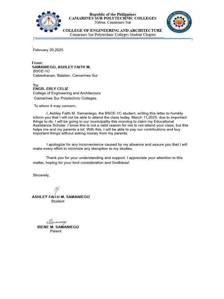 Class Absence Notification Letter | PDF