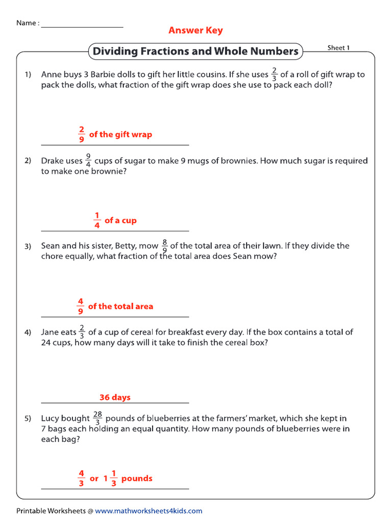 Dividing Fractions and Whole Numbers Answers | PDF