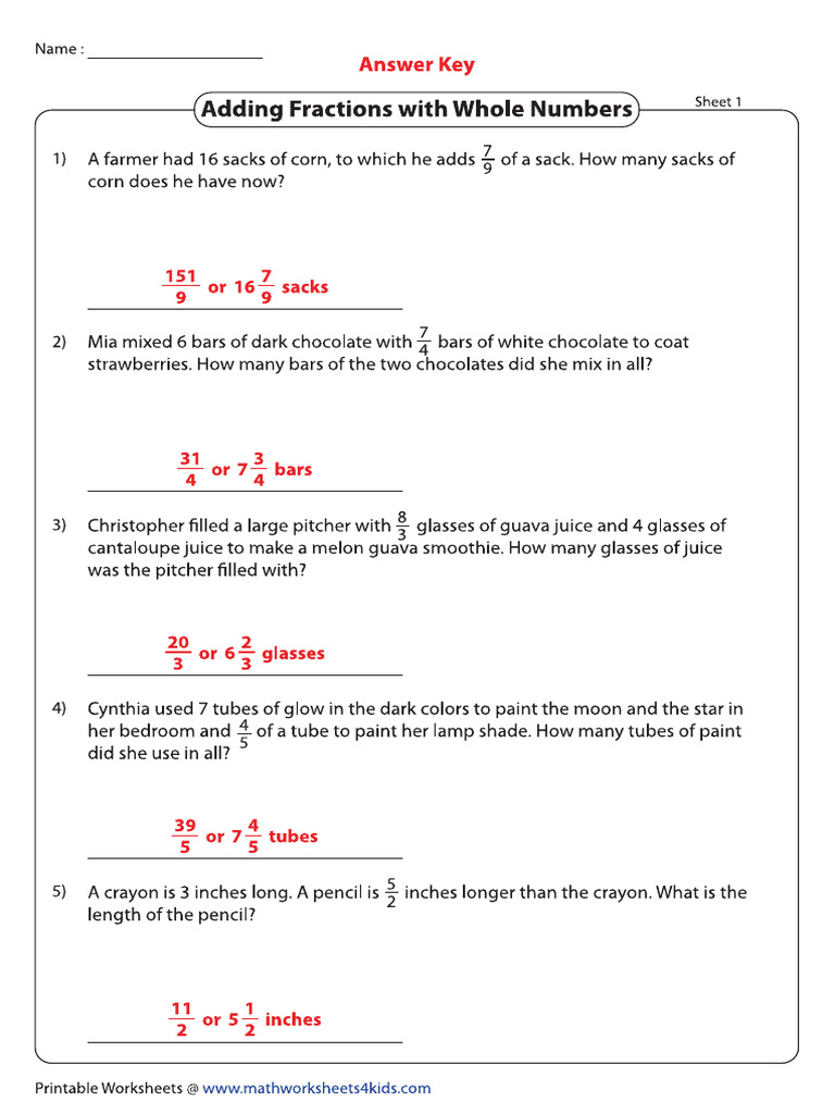 Adding Fractions With Whole Numbers Answers | PDF