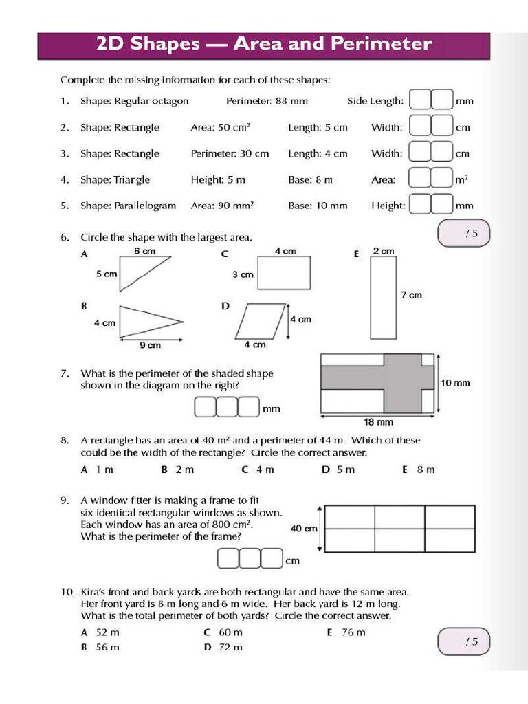 2D Shapes Area and Perimeter Harder Questions | PDF