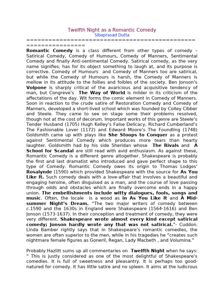 Twelfth Night As A Romantic Comedy | PDF | Comedy | Twelfth Night