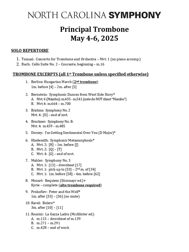 Principal Trombone Audition Repertoire 2025 | PDF | Symphony | Trombone