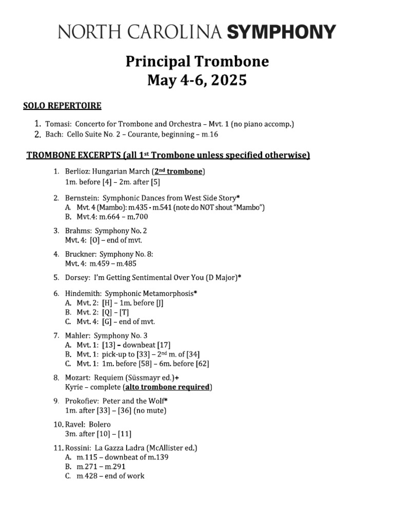 NCS Principal Trombone Audition List 3.14.25 | PDF