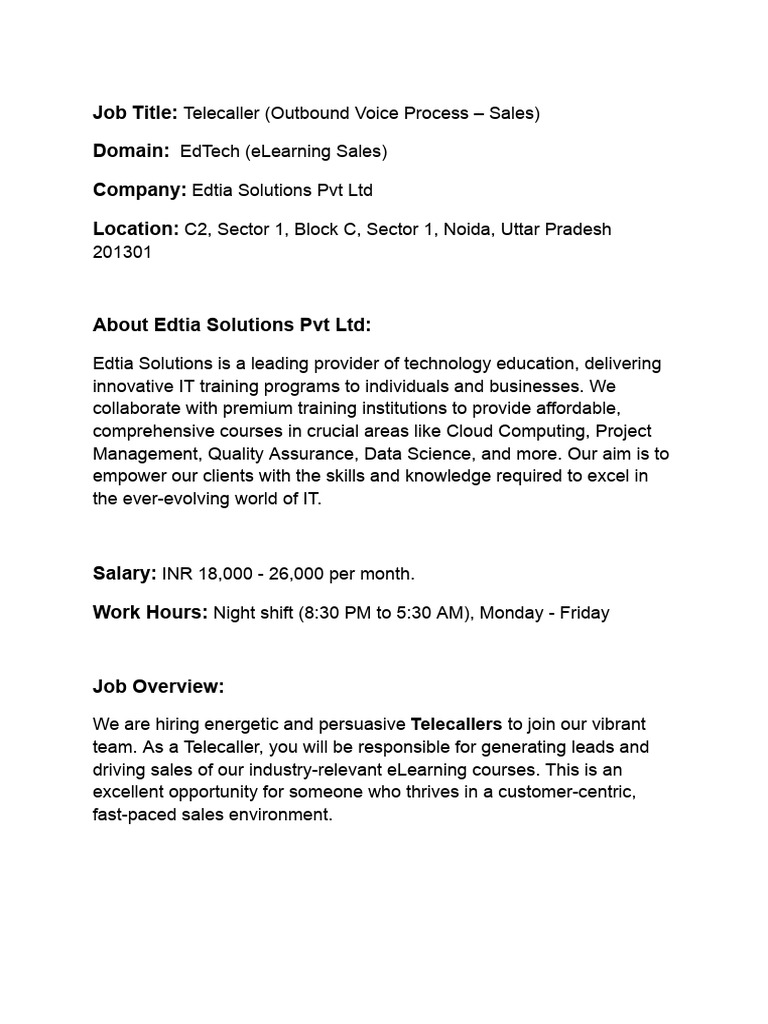 Job Description Telecaller | PDF | Educational Technology | Customer ...
