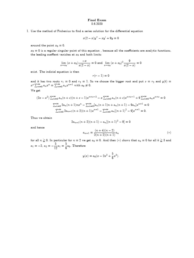 Math 214 Final Exam Answers 2020 | PDF | Functions And Mappings | Complex Analysis