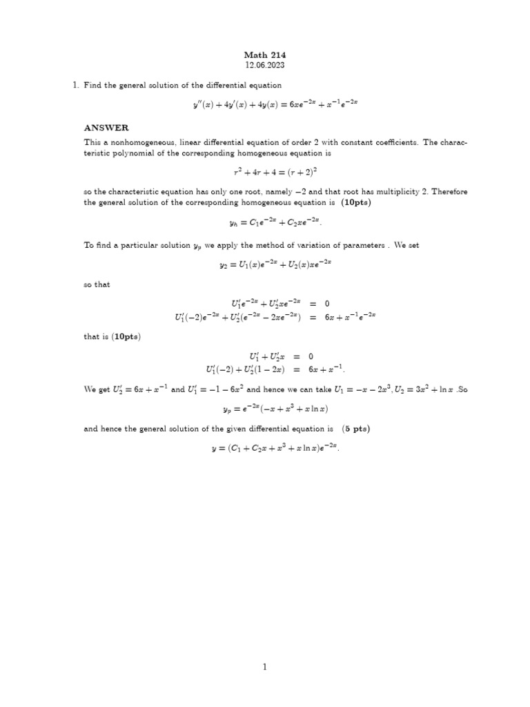 Math 214 Final Exam Answers 2023 | PDF | Eigenvalues And Eigenvectors | Equations