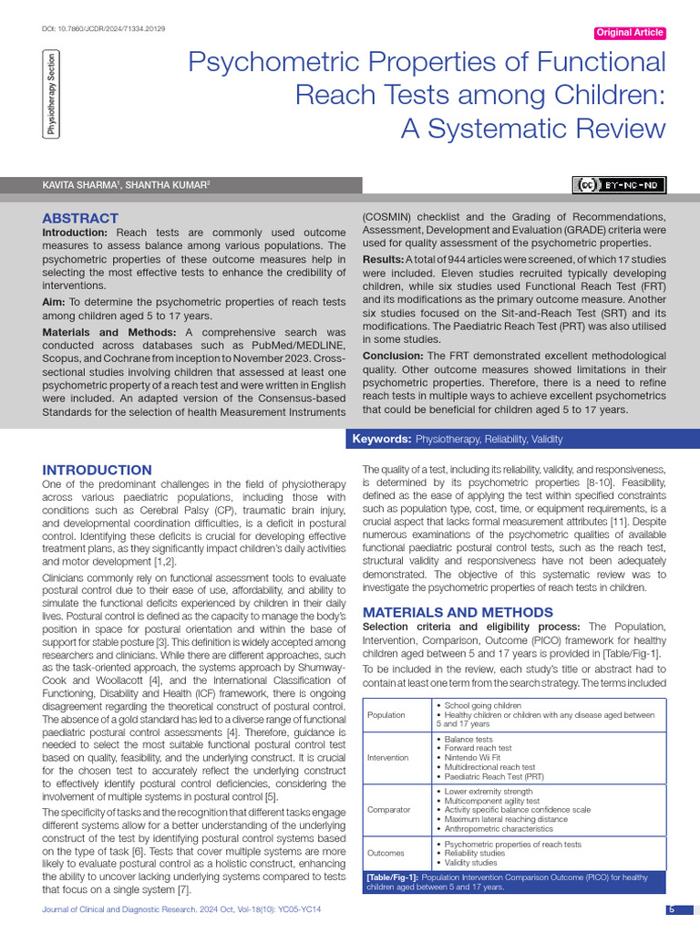 Psychometric Properties of Reach Tests in Children | PDF | Validity ...