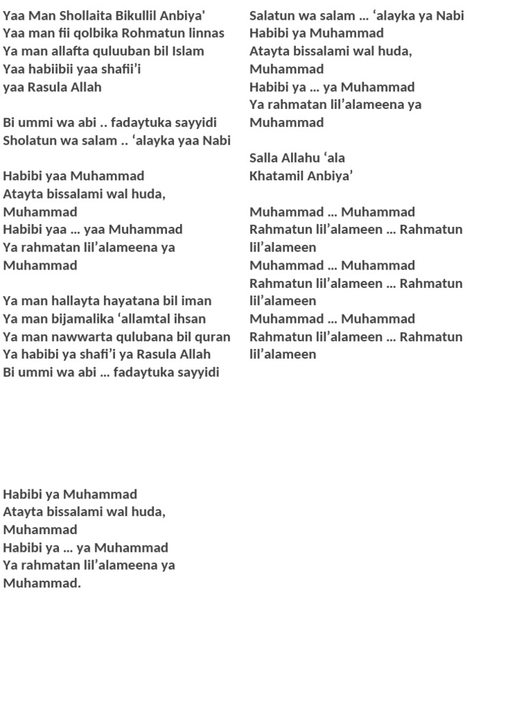 Yaa Man Shollaita Bikullil Anbiya | PDF