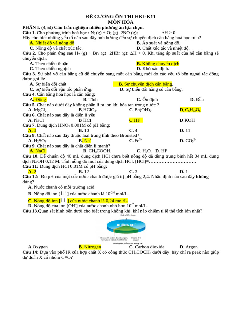 ĐỀ CƯƠNG ÔN THI HKI-K11 -HS | PDF