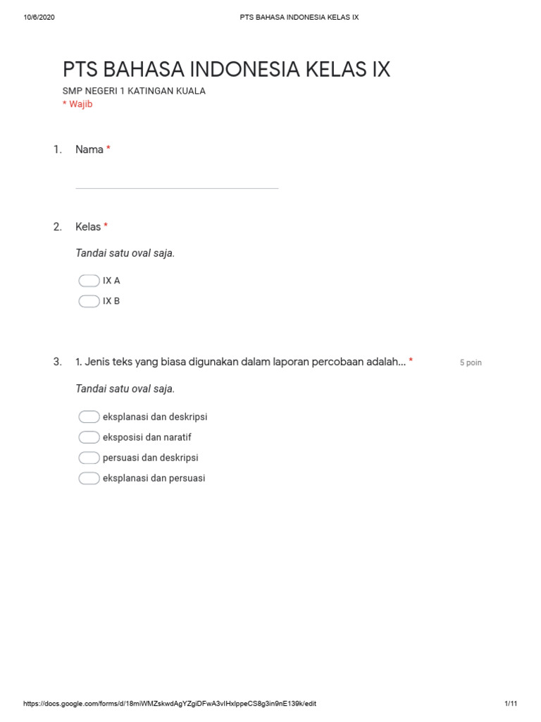 PTS Bahasa Indonesia Kelas IX 2020 | PDF