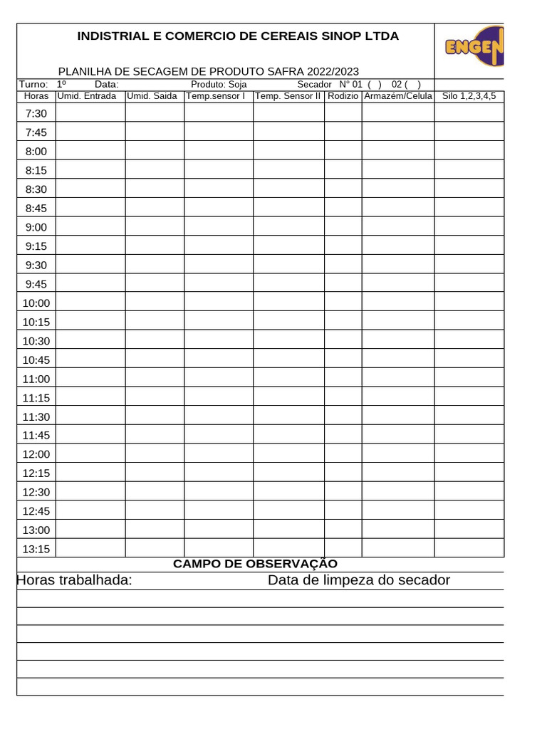Planilha de Secagem 1° Turno | PDF