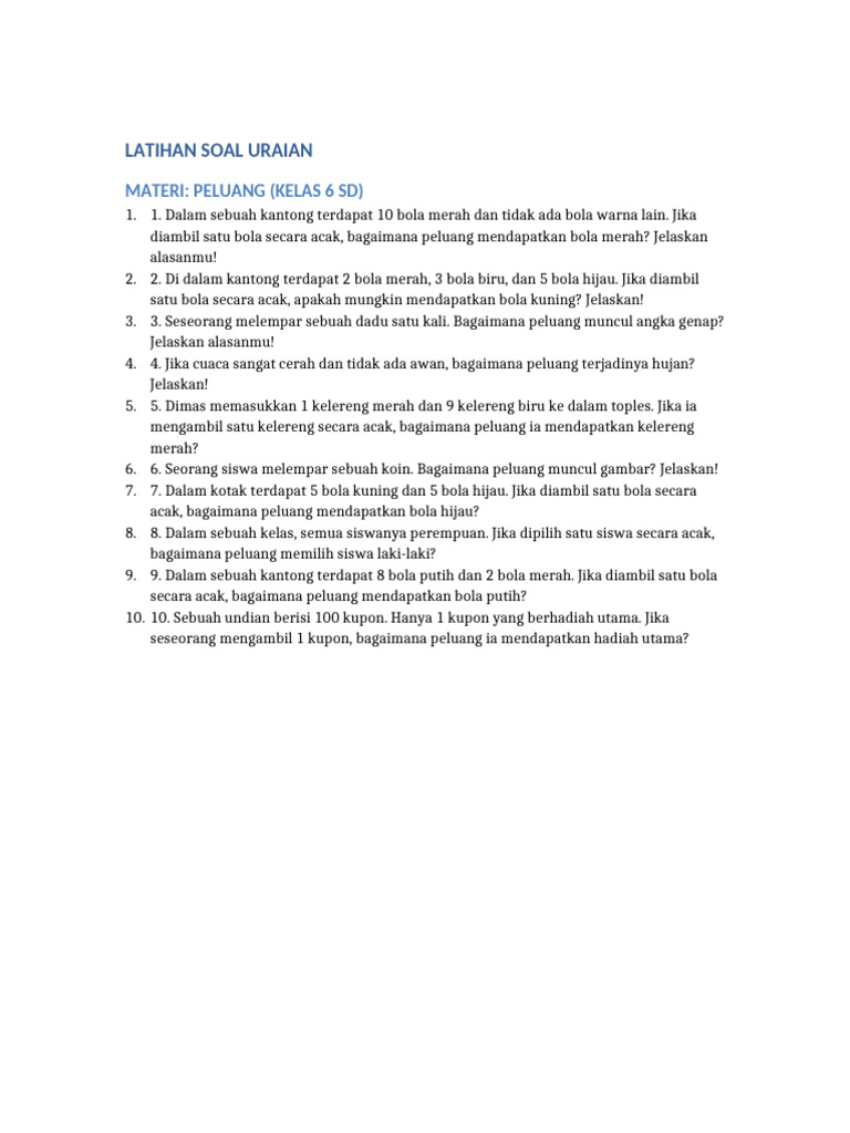 Latihan Soal Peluang Kelas 6 | PDF