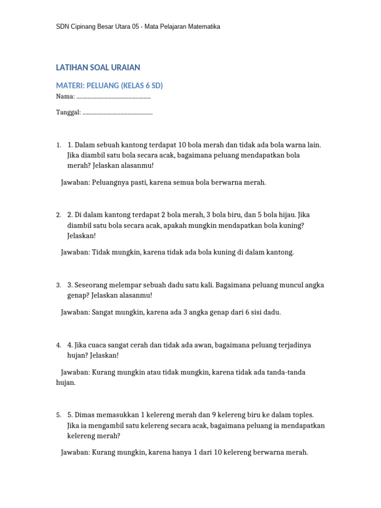 Latihan Soal Peluang Kelas 6 SD | PDF