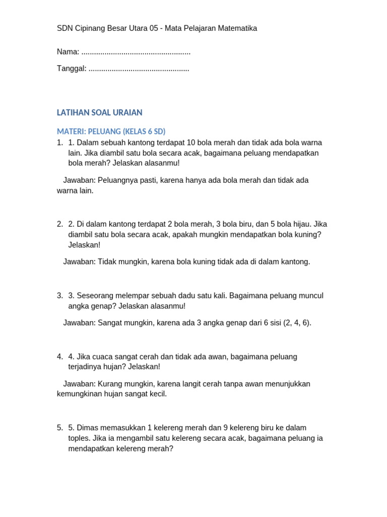 Latihan Soal Peluang Kelas 6 SD | PDF