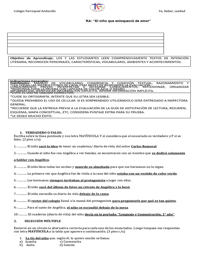 Evaluación - El Niño Que Enloquecio de Amor | PDF | Aprendizaje ...