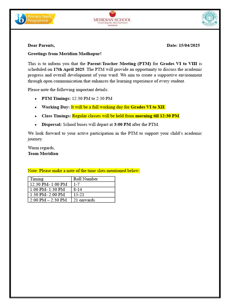PTM Circular 17 April 2025 With Time Slot | PDF