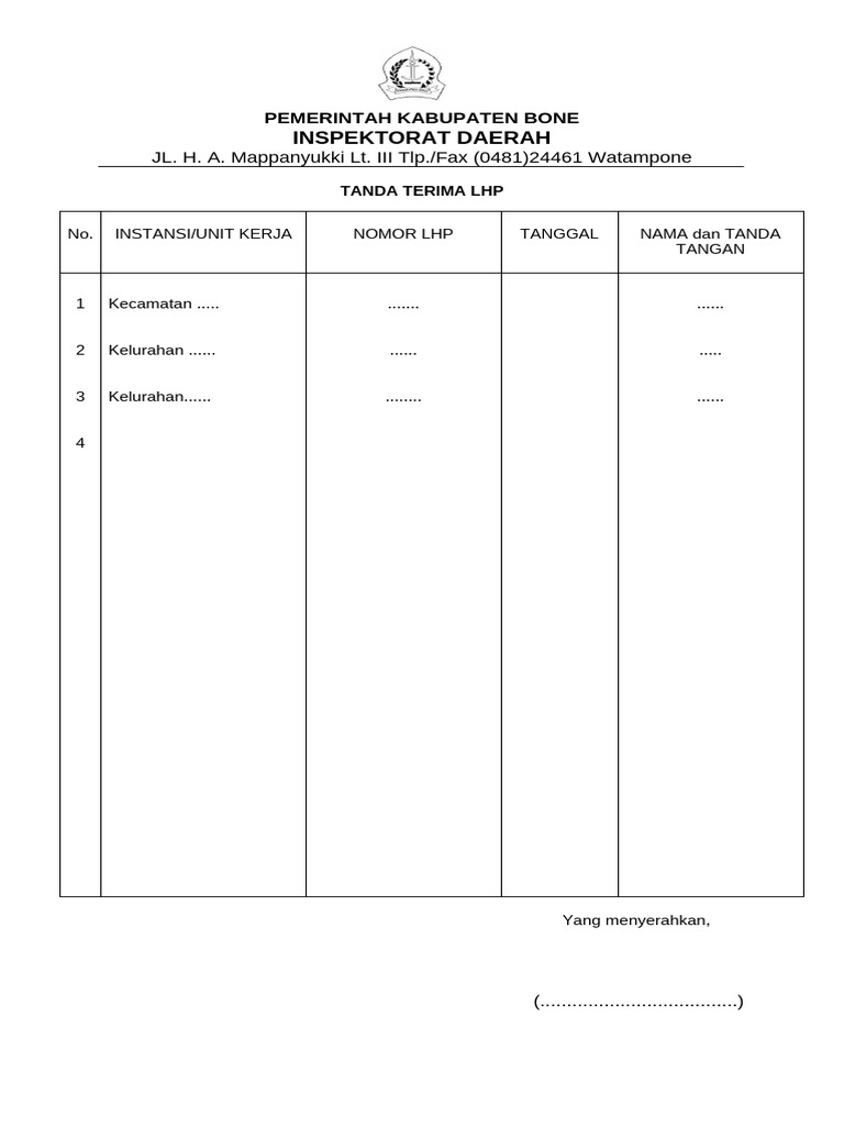 Tanda Terima LHP Inspektorat Bone | PDF