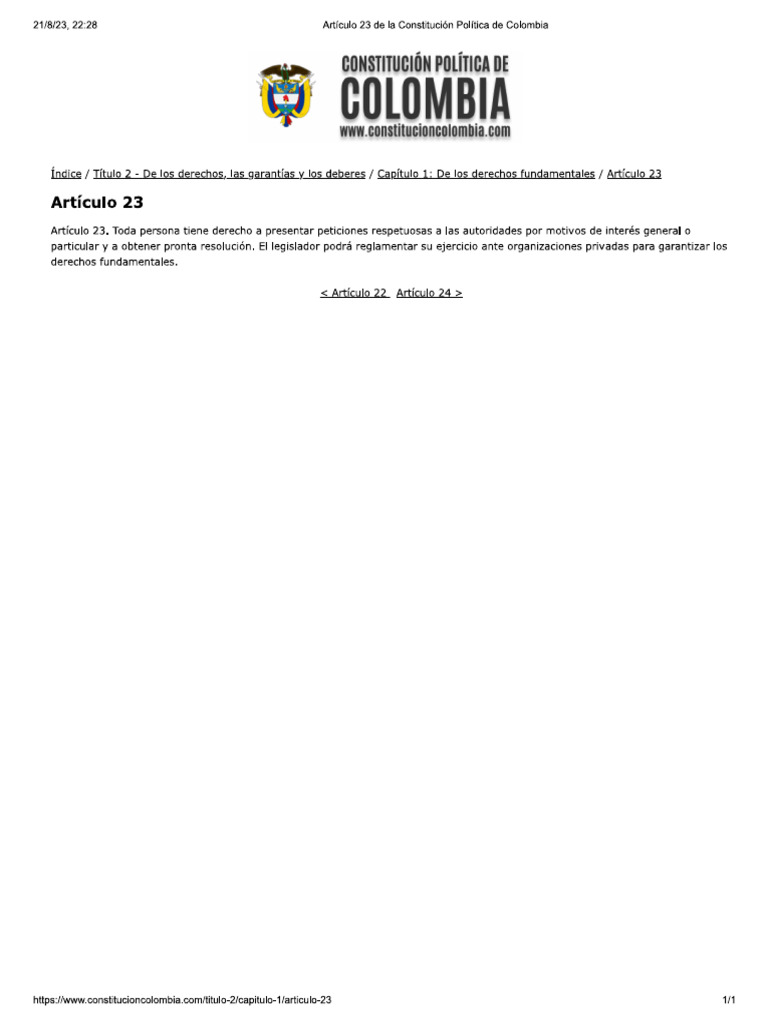 ARTICULO 23 DE LA CONSTITUCION POLITICA | PDF