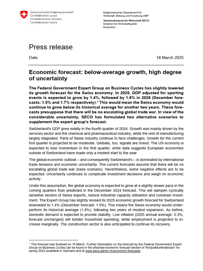 Swiss Economic Forecast 2025 Insights | PDF | Inflation | Macroeconomics