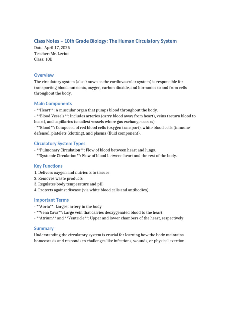 Class Notes Biology Circulatory System Pdf