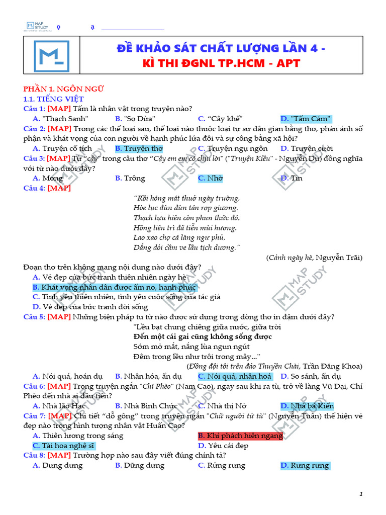 Đề Khảo Sát Chất Lượng Lần 4 - Kỳ thi ĐGNL APT - 2k7 - Mapstudy | PDF