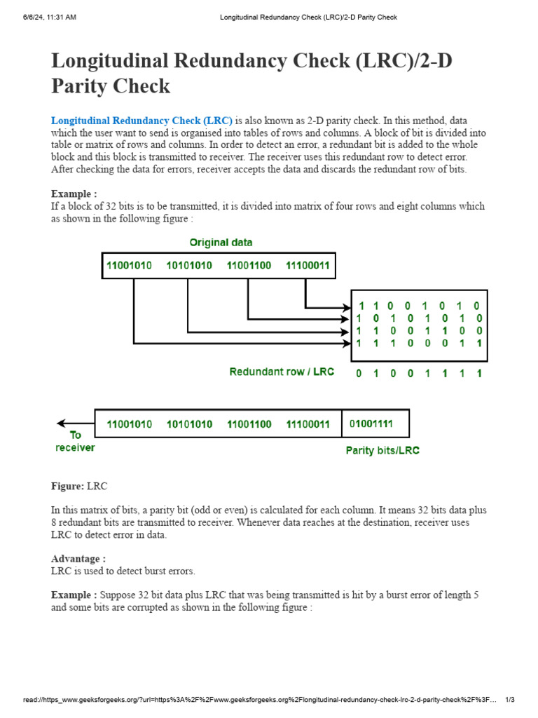 1.4 Longitudinal Redundancy Check (LRC) - 2-D Parity Check | PDF | Error Detection And ...