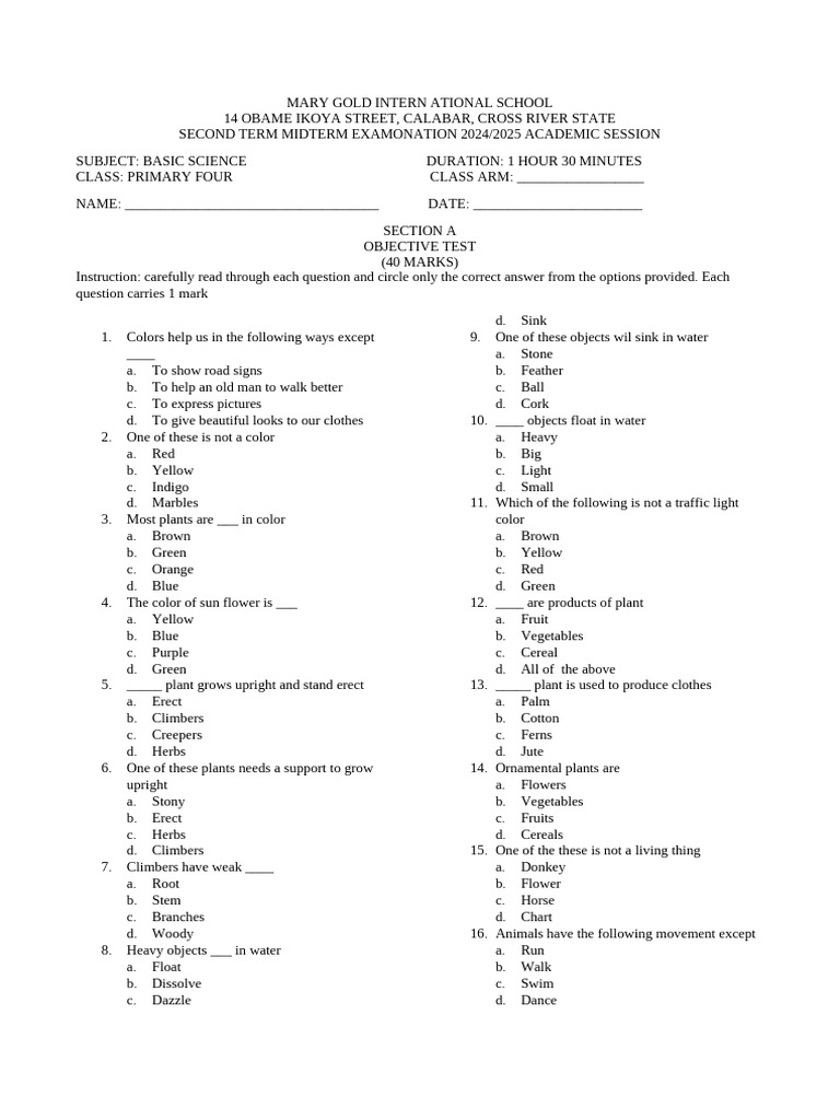 Basic science grade 1 exam | PDF | Yellow | Color