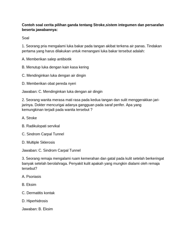 Contoh Soal Kelompok 5 (Stroke, Integumen Dan Persarafan) | PDF