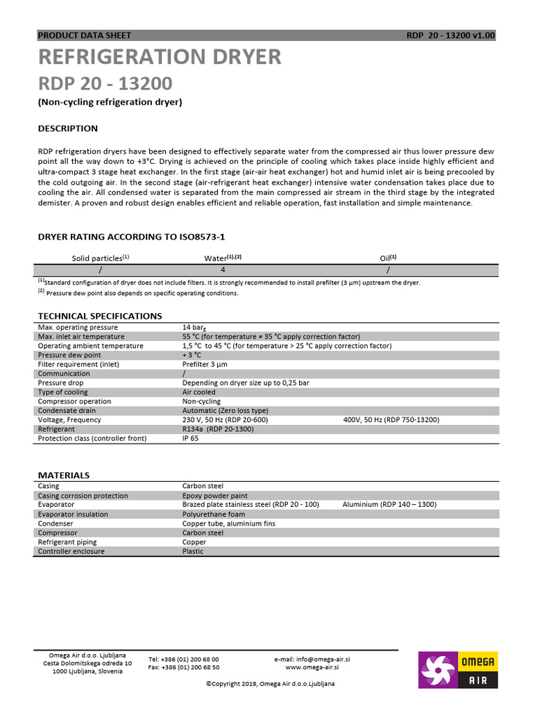 Omega Air Data Sheet Refrigeration Dryer RDP | PDF | Clothes Dryer ...