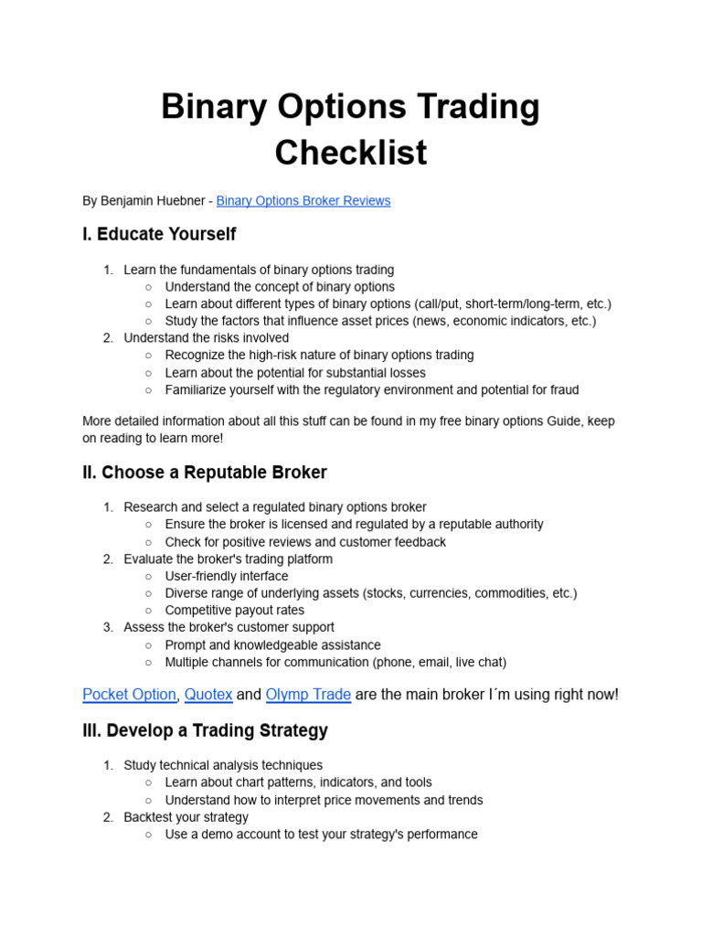Binary Options Trading Checklist | PDF | Option (Finance) | Technical ...