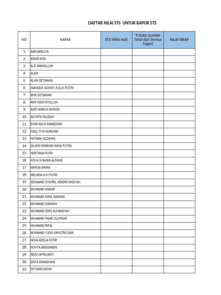 Form Nilai PTS | PDF