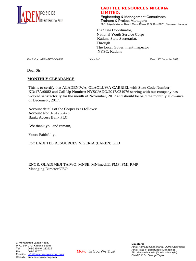 Letter of Monthly Nysc Clearance For December 2017 Payment | PDF | Nigeria