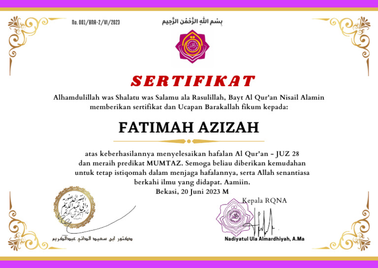 Contoh Sertifikat Tahfidz | PDF