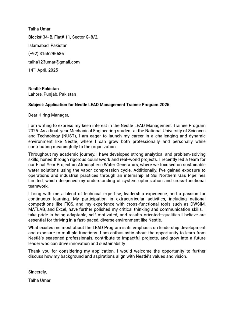 Talha Umar Nestle's cover letter | PDF