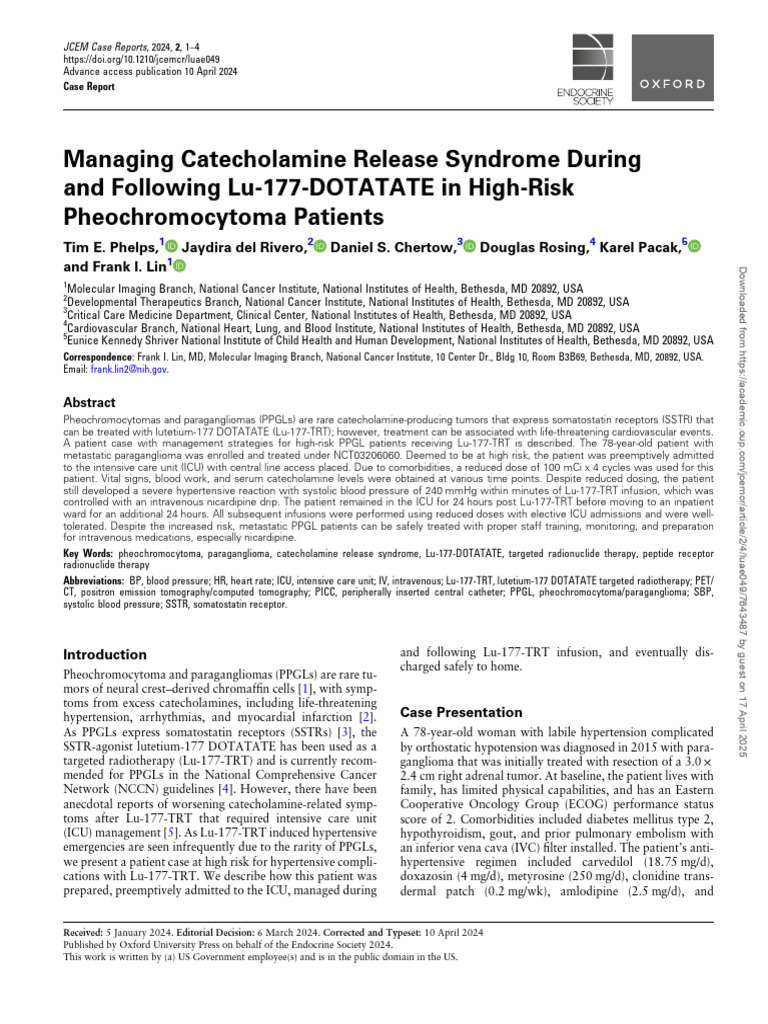 Managing Catecholamine Release Syndrome During and Following Lu-177 ...