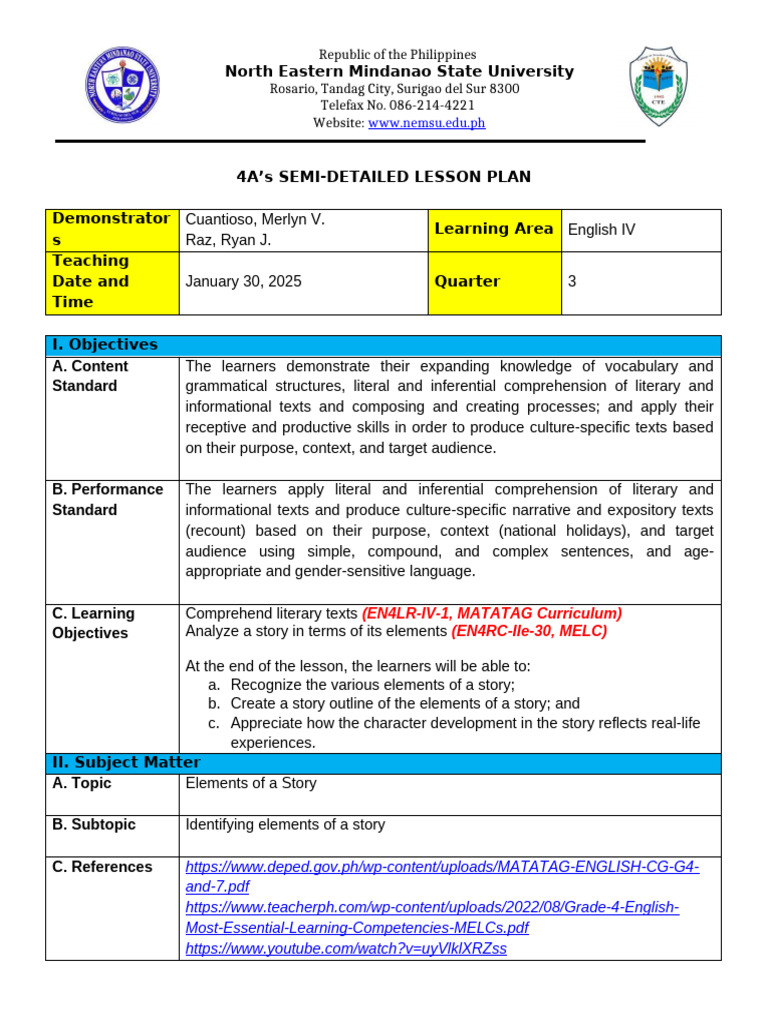 English IV Lesson Plan: Story Elements | PDF | Cognitive Science ...