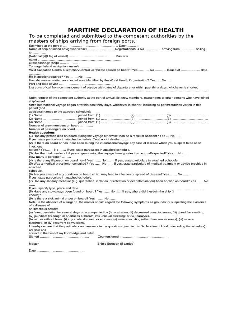 Maritime Declaration of Health | PDF | Port | Tonnage