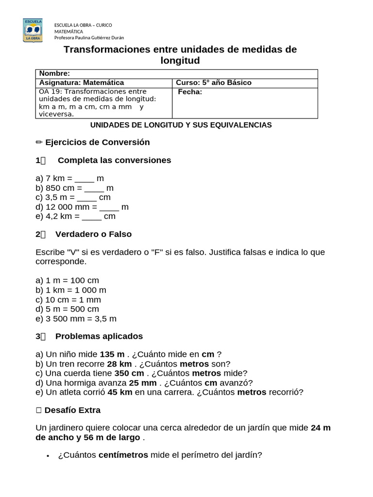 Ejercicios de Longitud para Quinto Básico | PDF