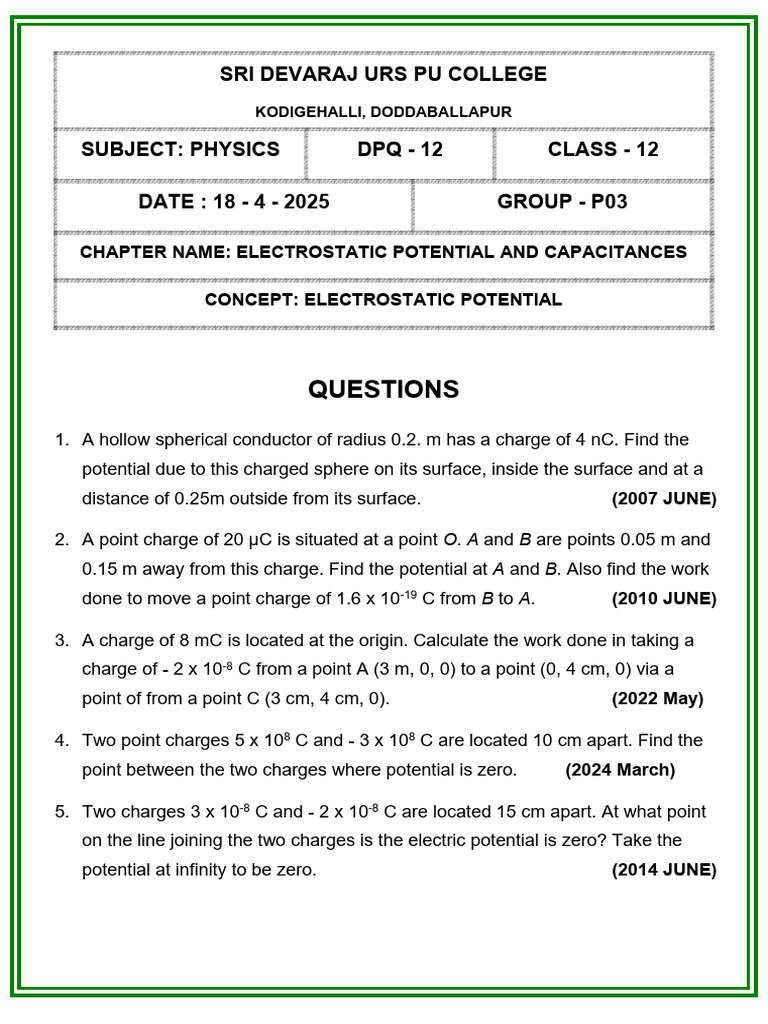 Class 12 Physics: Electrostatic Potential Questions | PDF