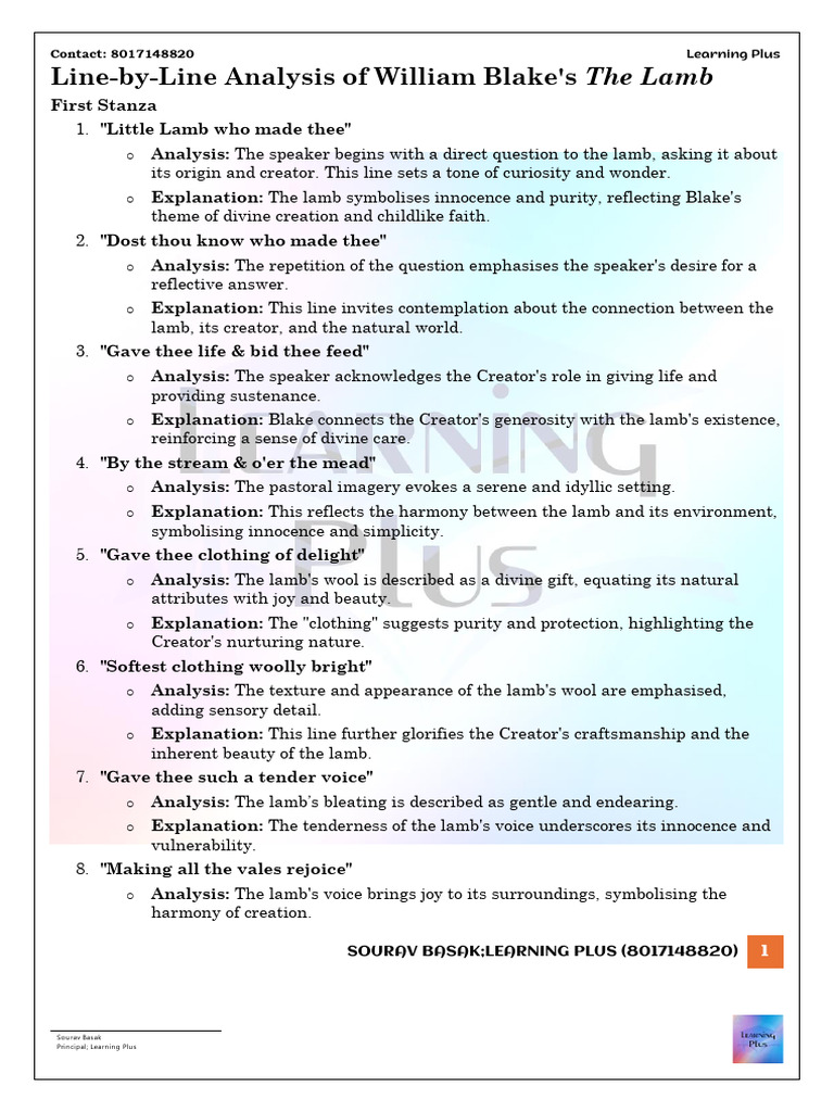 Line-by-Line Analysis of Blake's Poems | PDF | Lamb Of God