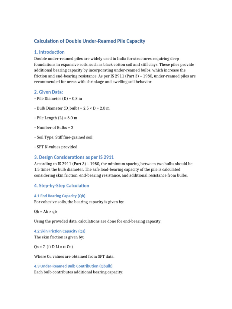 Double Under-Reamed Pile Capacity Calculation | PDF