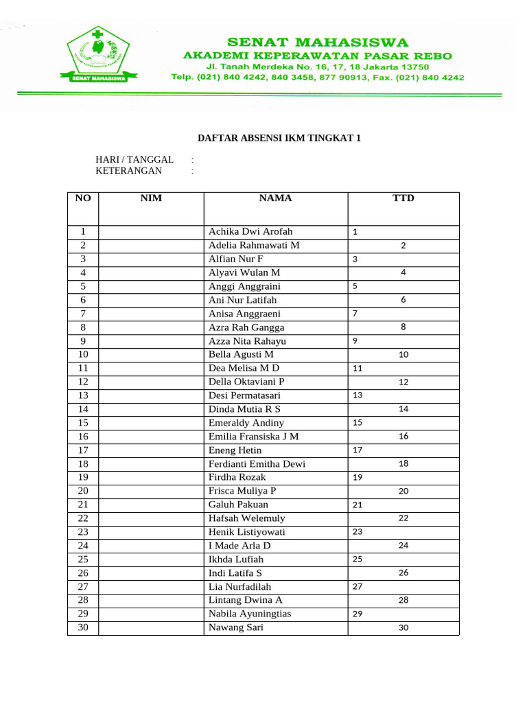 Daftar Absensi IKM AKPER Pasar Rebo | PDF
