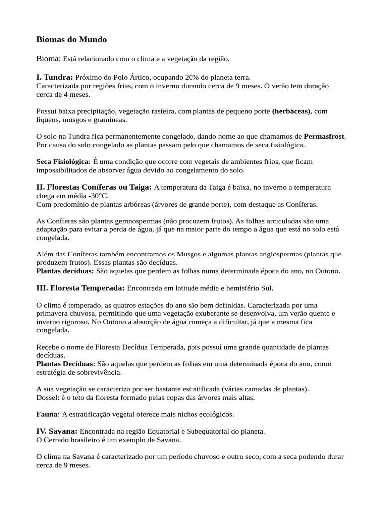 Resumo dos Biomas do Mundo | PDF | Clima temperado | Savana