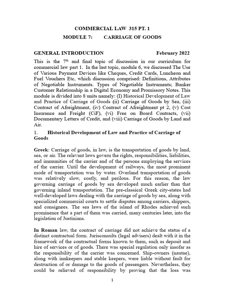 Carriage of Goods in Commercial Law | PDF | Letter Of Credit | Bill Of ...