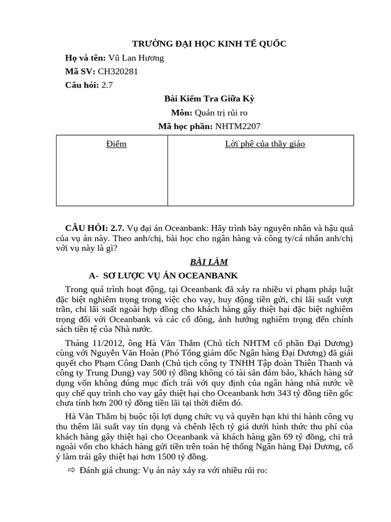 Cau2.7 - Bai Kiem Tra Giua Ky - QTRR - Vu Lan Huong - CH320281 | PDF