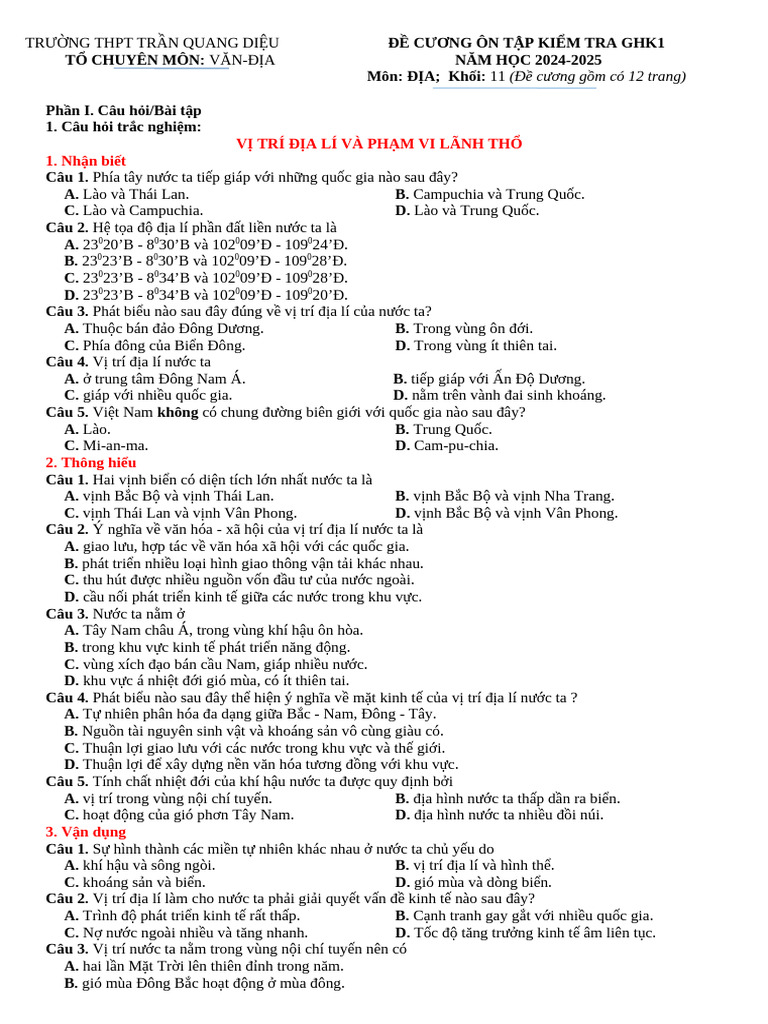 Ôn tập GK1 lop 12 Dia | PDF