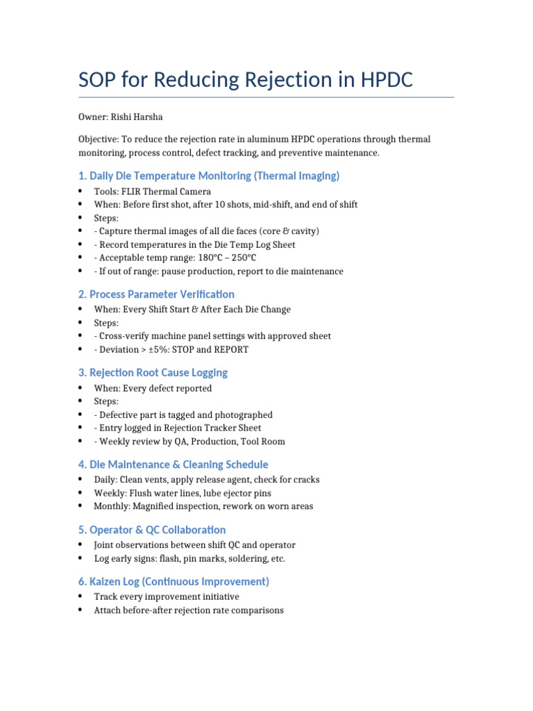 SOP Rejection Control HPDC | PDF
