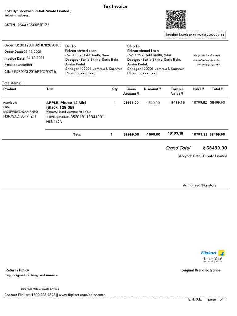 iPhone 12 Mini Purchase Invoice | PDF | Mac Os | I Phone