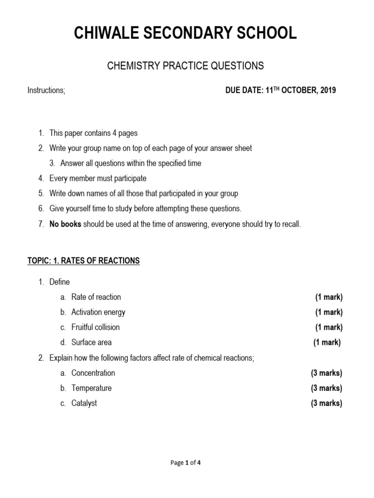 Chemistry Practice Questions on Reaction Rates | PDF | Chemical ...